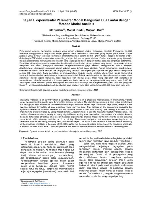 (PDF) Kajian Eksperimental Parameter Modal Bangunan Dua Lantai dengan Metode Modal Analisis