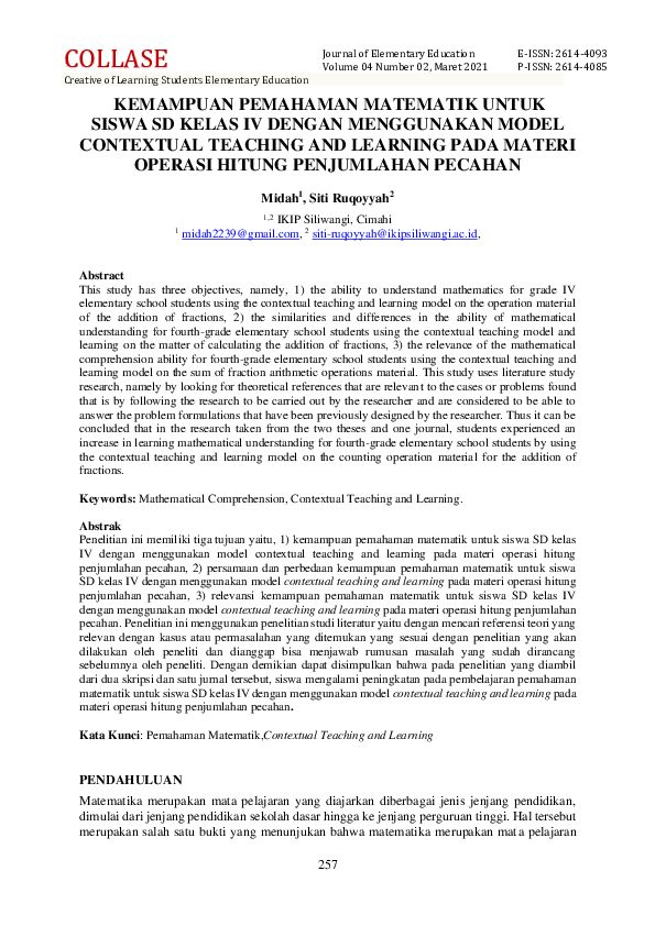 (PDF) Kemampuan Pemahaman Matematik Untuk Siswa SD Kelas IV Dengan Menggunakan Model Contextual ...