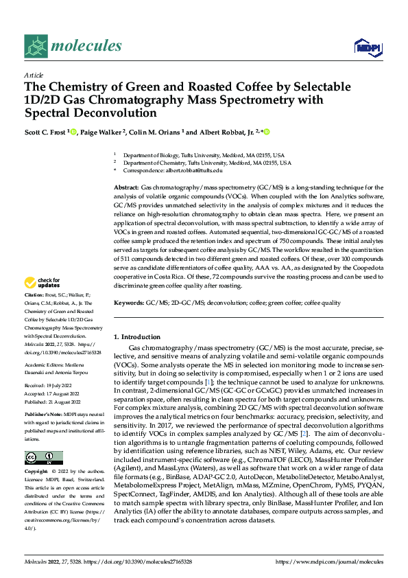(PDF) The Chemistry of Green and Roasted Coffee by Selectable 1D/2D Gas ...