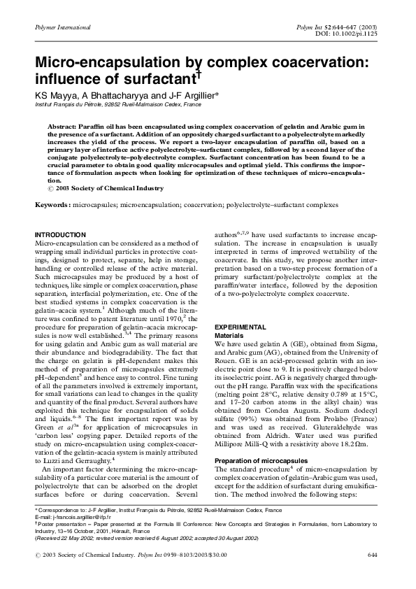 (PDF) Micro-encapsulation by complex coacervation: influence of surfactant