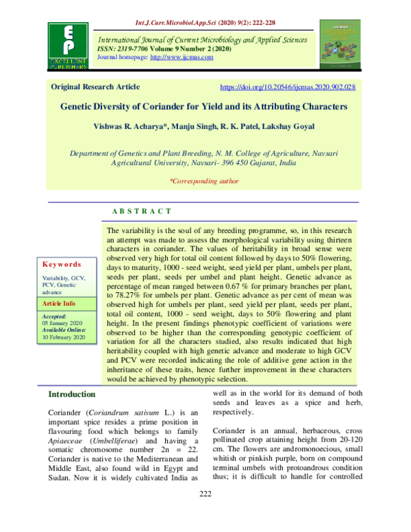 (PDF) Genetic Diversity of Coriander for Yield and its Attributing Characters