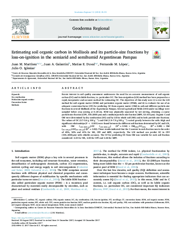 (PDF) Estimating soil organic carbon in Mollisols and its particle-size fractions by loss-on ...
