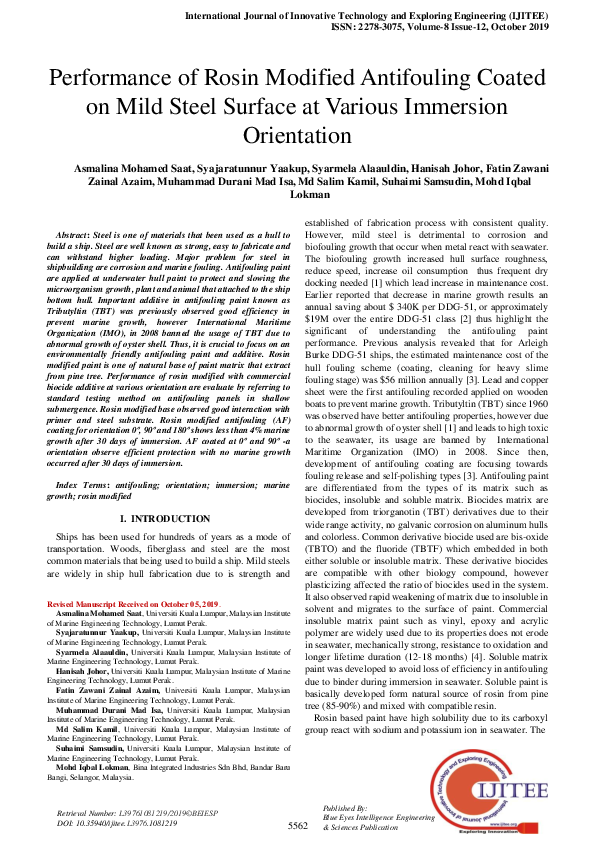 (PDF) Performance of Rosin Modified Antifouling Coated on Mild Steel ...