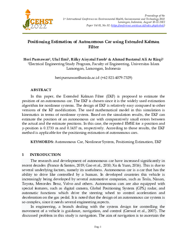Pdf Positioning Estimation Of Autonomous Car Using Extended Kalman Filter
