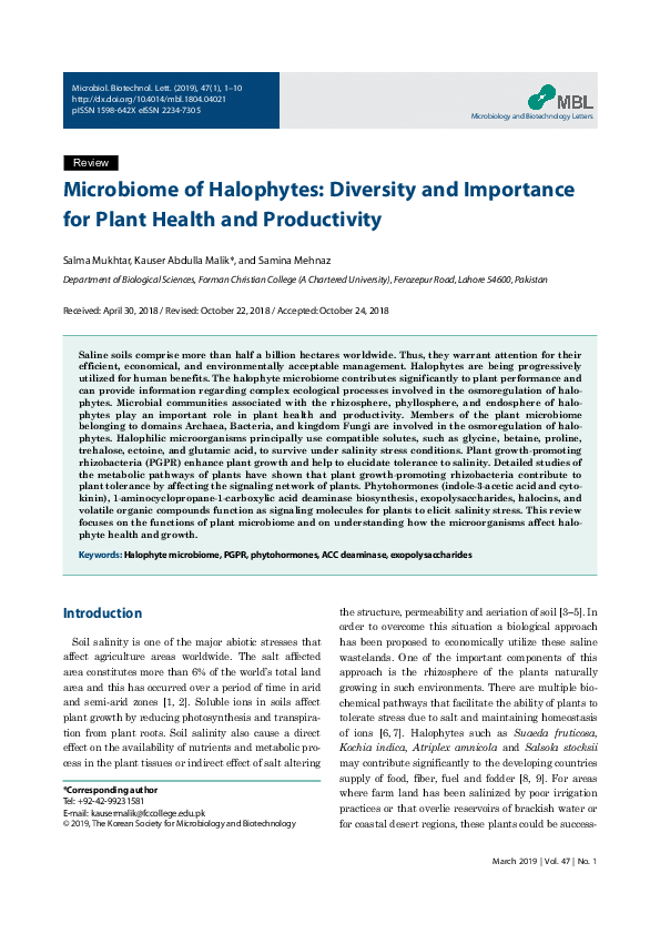 (PDF) Microbiome of Halophytes: Diversity and Importance for Plant ...
