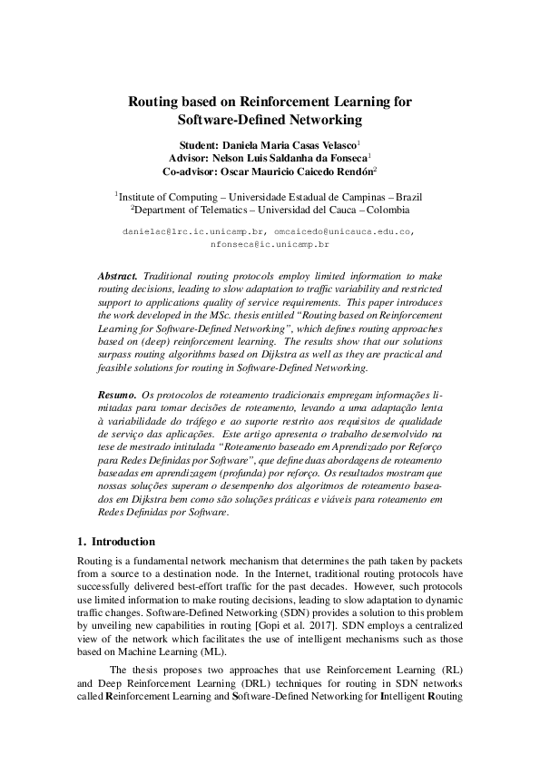 Pdf Routing Based On Reinforcement Learning For Software Defined Networking