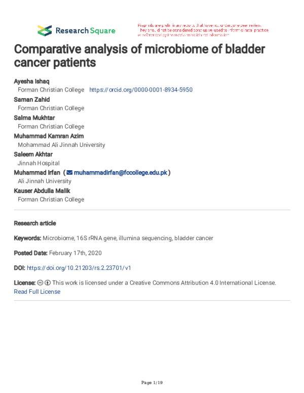 (PDF) Comparative analysis of microbiome of bladder cancer patients