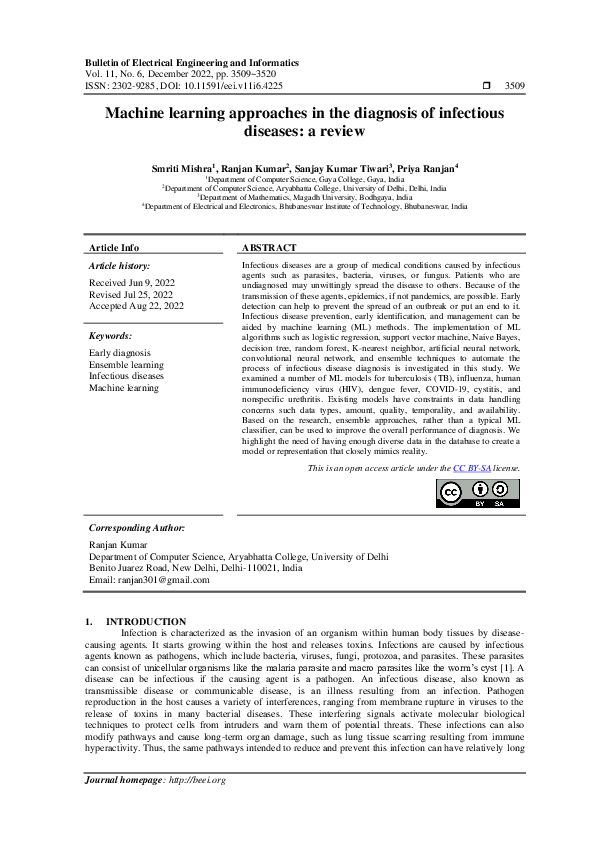 (PDF) Machine learning approaches in the diagnosis of infectious diseases: a review