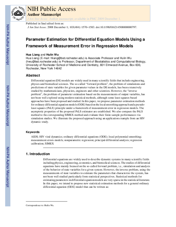 Pdf Estimating Parameters In Differential Equation Models