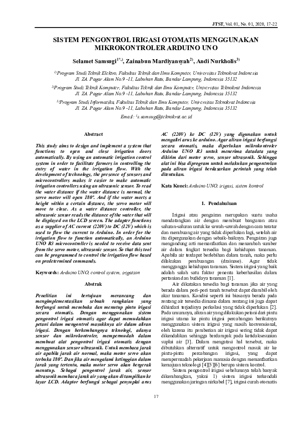 Pdf Sistem Pengontrol Irigasi Otomatis Menggunakan Mikrokontroler Arduino Unoautomatic