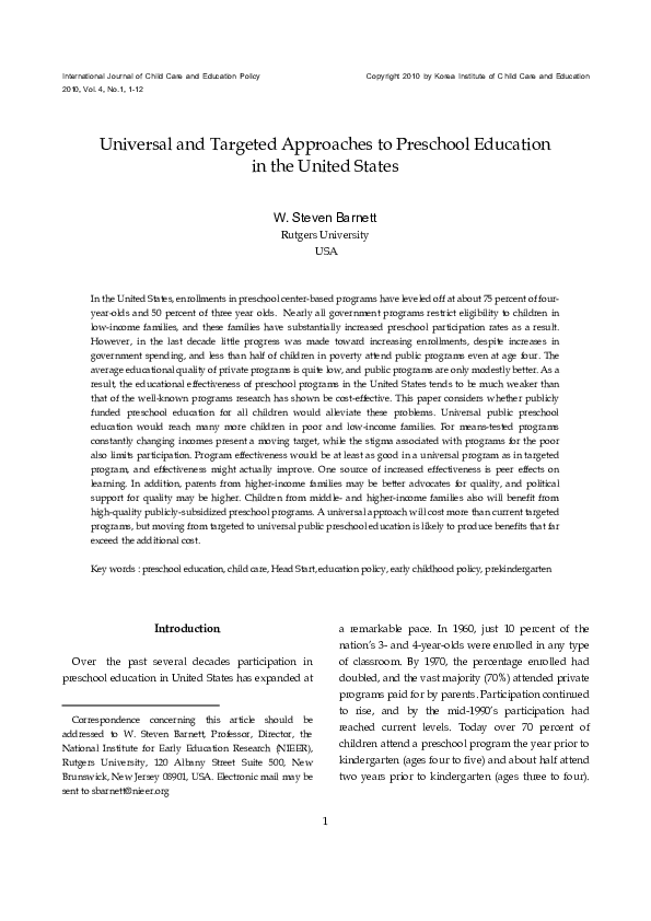 (PDF) Universal and Targeted Approaches to Preschool Education in the ...