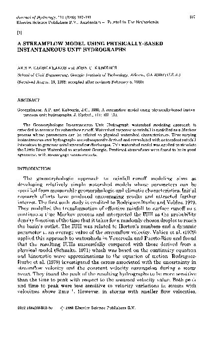 A Streamflow Model Using Physically Based Instantaneous Unit Hydrographs