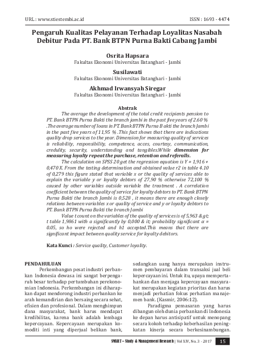 (PDF) Pengaruh Kualitas Pelayanan Terhadap Loyalitas Nasabah Debitur Pada PT. Bank BTPN Purna ...