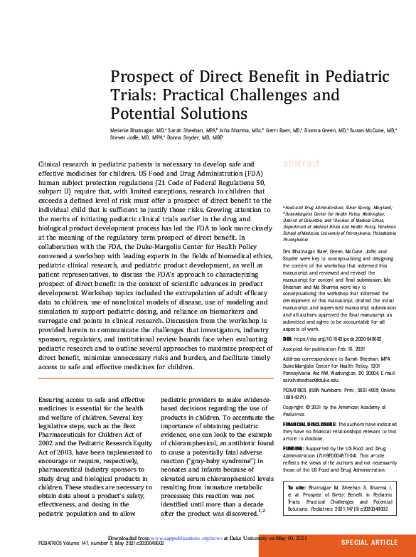 (PDF) Prospect of Direct Benefit in Pediatric Trials: Practical ...