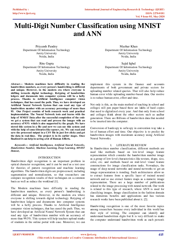 (PDF) Multi-Digit Number Classification using MNIST and ANN (PDF) Multi-Digit Number Classification using MNIST and ANN