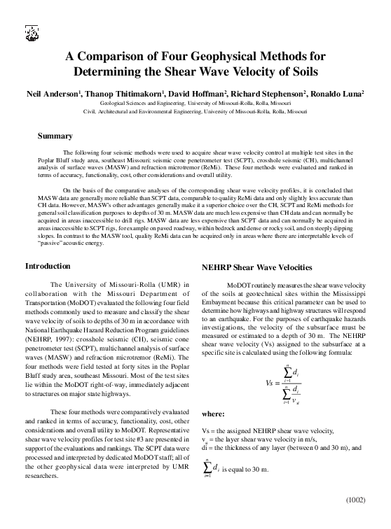 (PDF) A Comparison of Four Geophysical Methods for Determining the Shear Wave Velocity of Soils