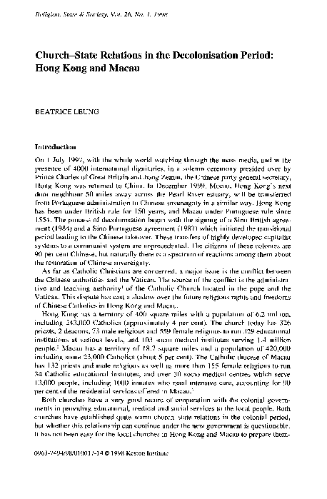 (PDF) Church‐state relations in the decolonisation period: Hong Kong ...