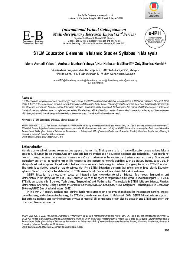 (PDF) STEM Education Elements in Islamic Studies Syllabus in Malaysia