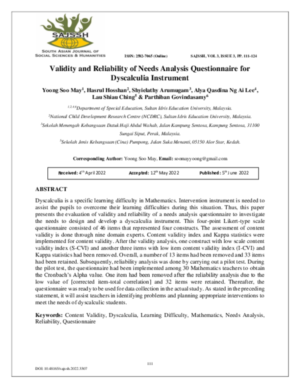 (PDF) Validity and Reliability of Needs Analysis Questionnaire for Dyscalculia Instrument