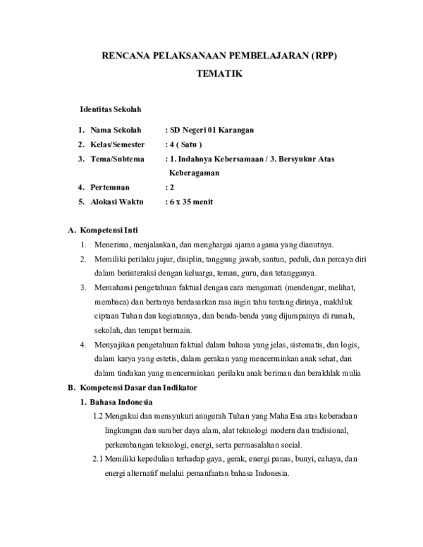 (DOC) RPP TEMATIK KELAS 4 TEMA 1 SUBTEMA 3 PEM