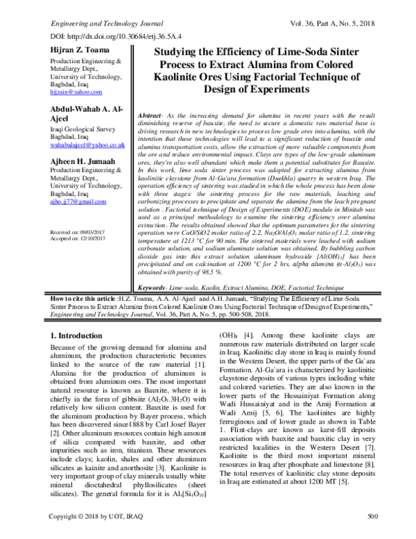 (PDF) Studying the Efficiency of Lime-Soda Sinter Process to Extract Alumina from Colored ...