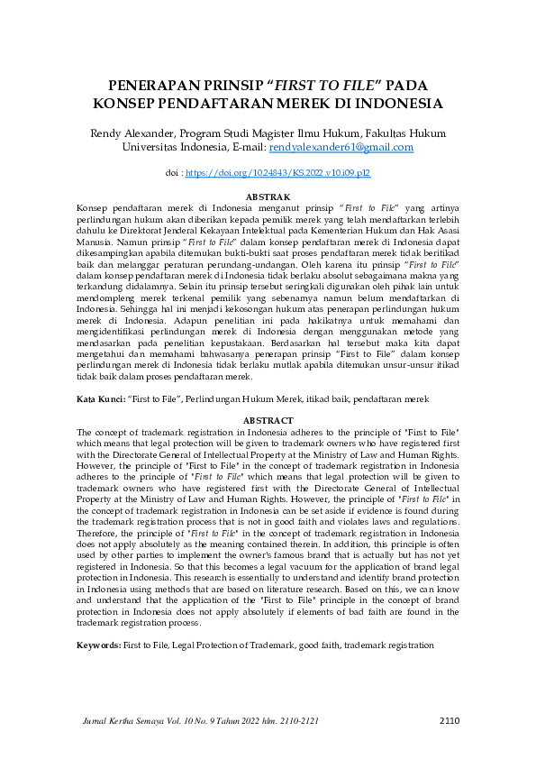 (PDF) Penerapan Prinsip “First to File” Pada Konsep Pendaftaran Merek ...
