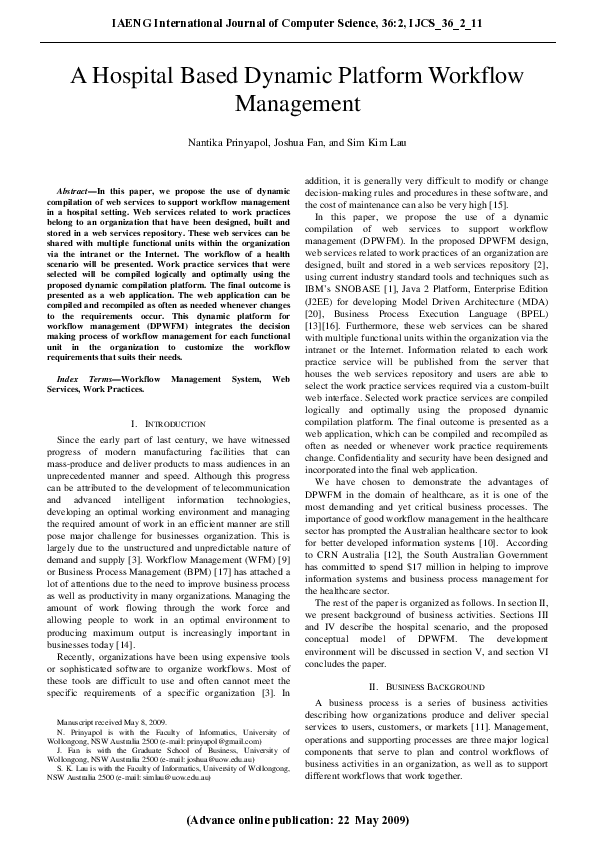 (PDF) A Hospital Based Dynamic Platform Workflow Management | Nantika Prinyapol - Academia.edu