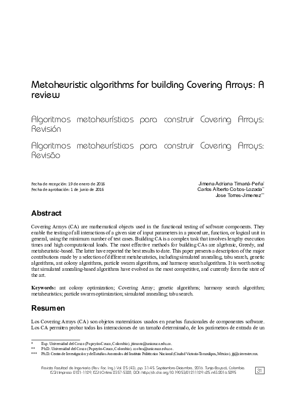 Pdf Metaheuristic Algorithms For Building Covering Arrays A Review