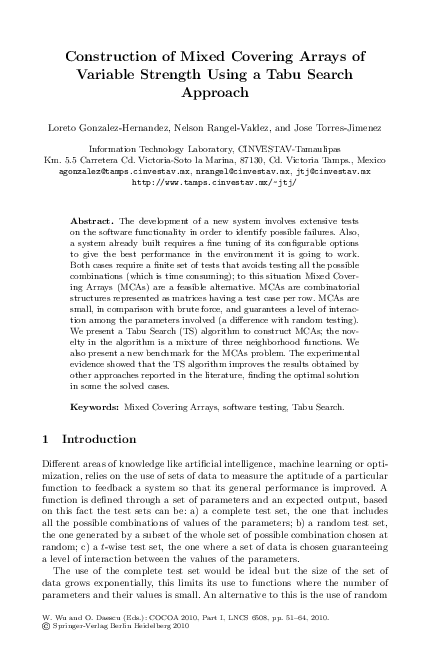 (PDF) Construction of Mixed Covering Arrays of Variable Strength Using a Tabu Search Approach ...