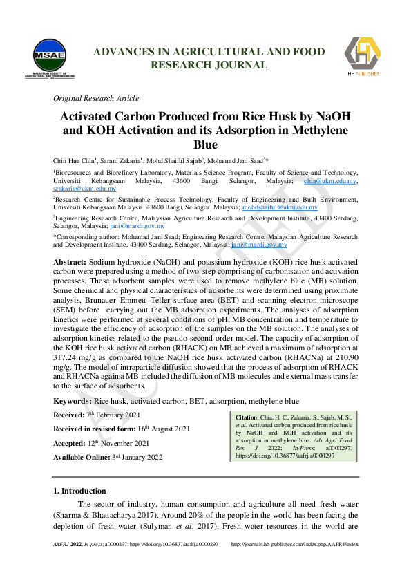 (PDF) Activated Carbon Produced from Rice Husk by NaOH and KOH Activation and its Adsorption in ...