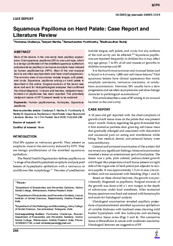 Pdf Squamous Papilloma On Hard Palate Case Report And Literature