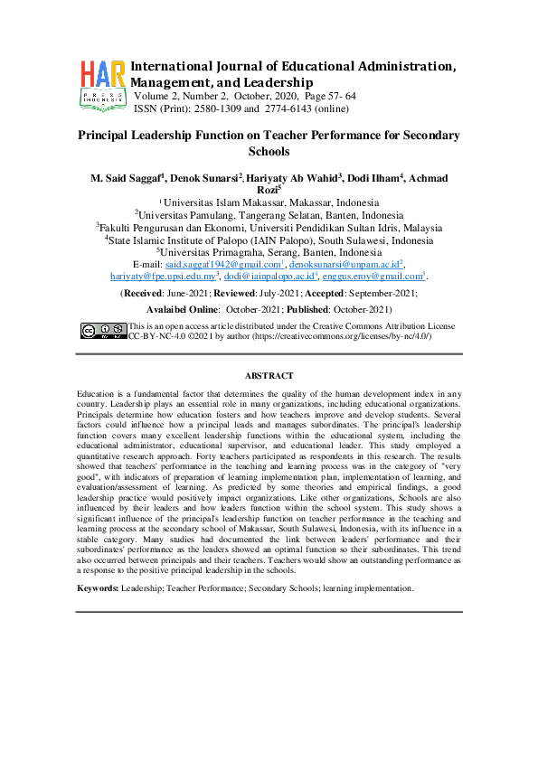 (PDF) Principal Leadership Function on Teacher Performance for Secondary Schools