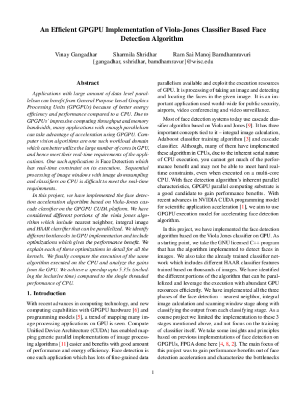 Pdf An Efficient Gpgpu Implementation Of Viola Jones Classifier Based
