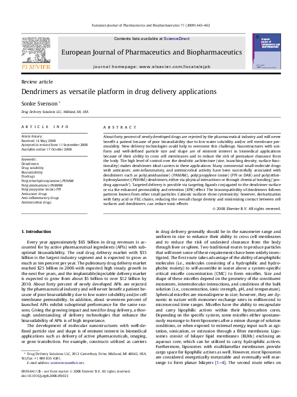 (PDF) Dendrimers as versatile platform in drug delivery applications