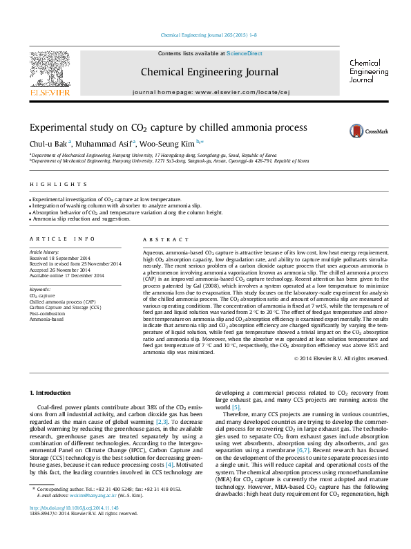 (PDF) Experimental study on CO2 capture by chilled ammonia process