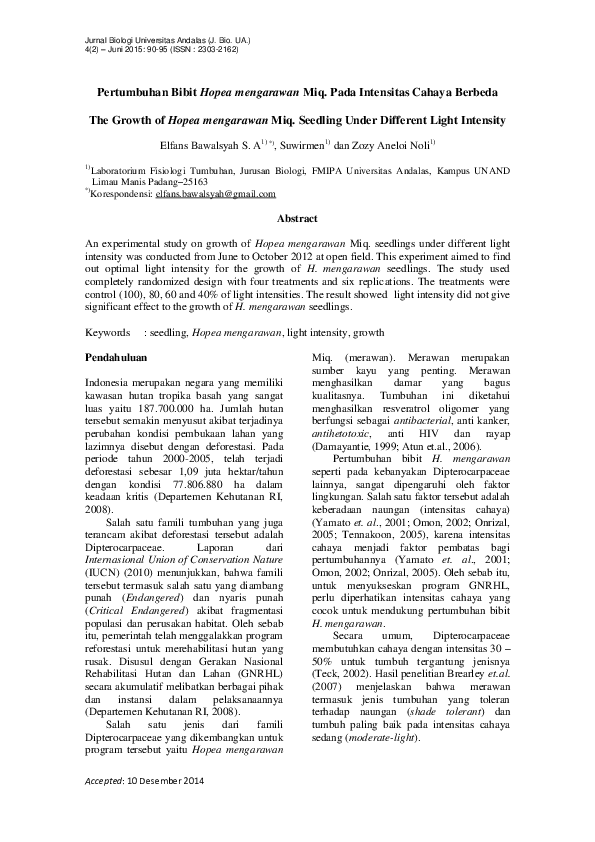 (PDF) Pertumbuhan Bibit Hopea mengarawan Miq. Pada Intensitas Cahaya ...