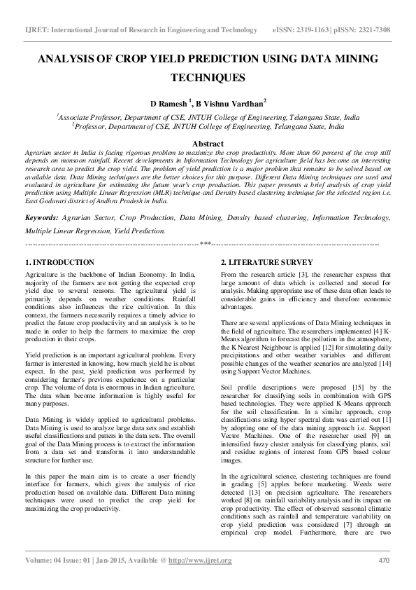 (PDF) Analysis of Crop Yield Prediction Using Data Mining Techniques