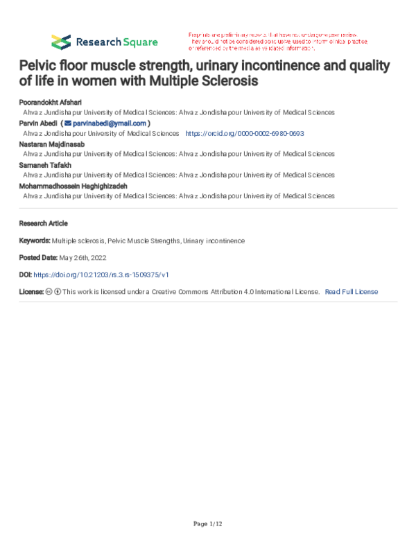 (PDF) Pelvic floor muscle strength, urinary incontinence and quality of life in women with ...