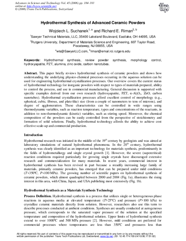 (PDF) Hydrothermal Synthesis of Advanced Ceramic Powders