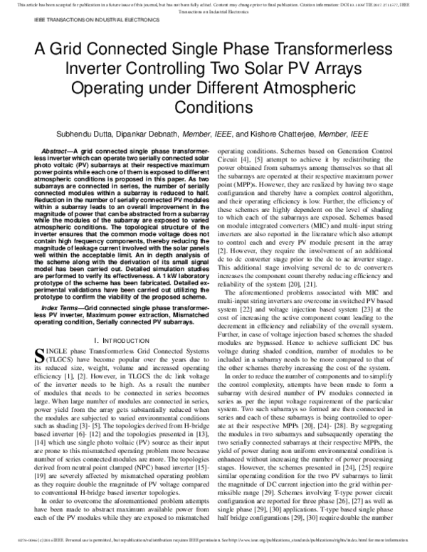 Pdf A Grid Connected Single Phase Transformerless Inverter Controlling Two Solar Pv Arrays