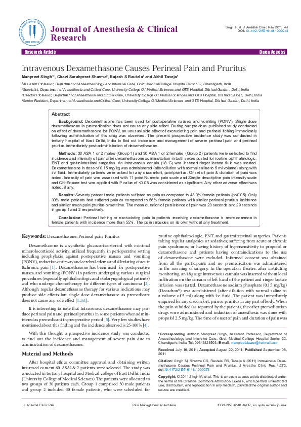 (PDF) Intravenous Dexamethasone Causes Perineal Pain and Pruritus