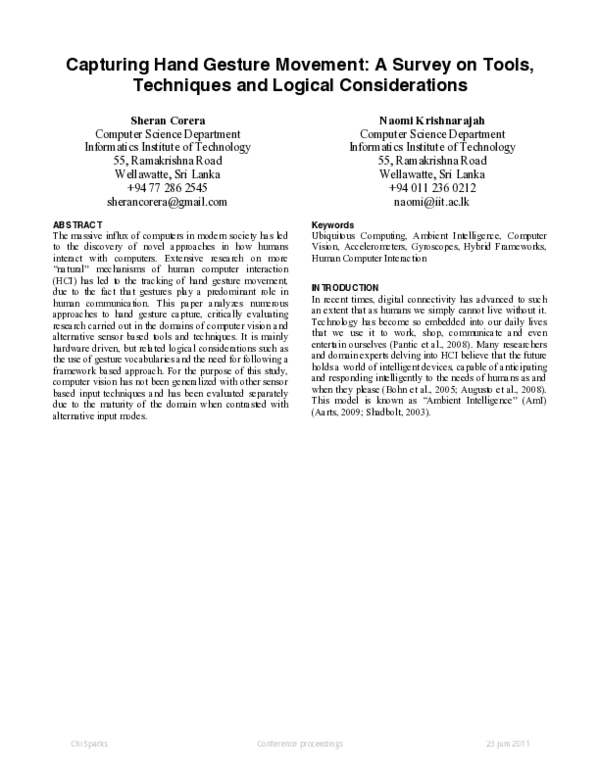 (PDF) Capturing Hand Gesture Movement: A Survey on Tools, Techniques and Logical Considerations