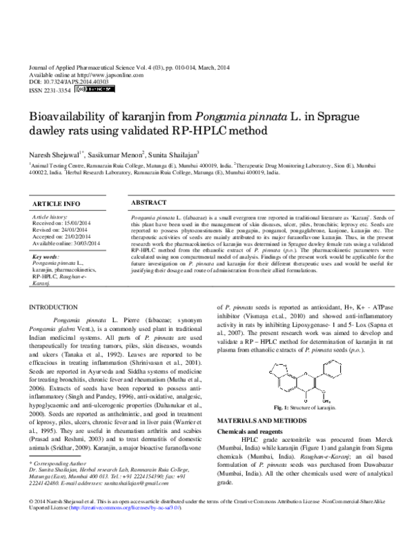 (PDF) Bioavailability of karanjin from Pongamia pinnata L. in Sprague ...