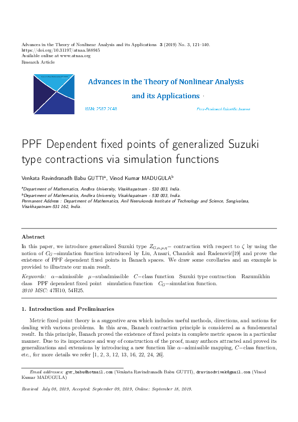 (PDF) PPF Dependent Fixed Points of Generalized Suzuki Type Contractions via Simulation Functions