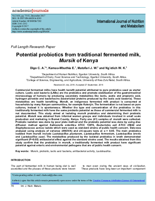 (DOC) Potential probiotics from traditional fermented milk, Mursik of Kenya