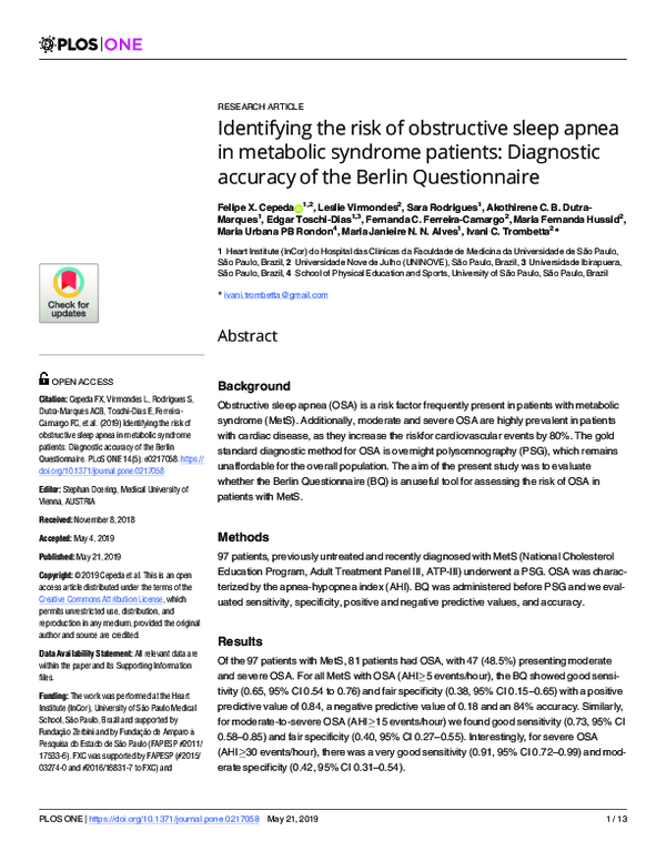 Pdf Identifying The Risk Of Obstructive Sleep Apnea In Metabolic Syndrome Patients Diagnostic