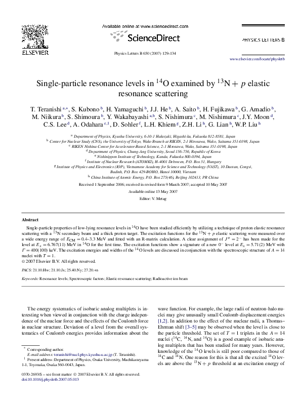 (PDF) Single-particle resonance levels in 14O examined by N13+p elastic resonance scattering
