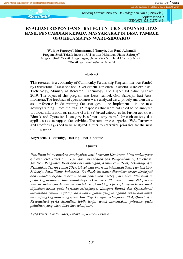 (PDF) Evaluasi Respon Dan Strategi Untuk Sustainabilitas Hasil Pengabdian Kepada Masyarakat DI ...