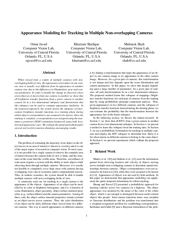 Pdf Appearance Modeling For Tracking In Multiple Non Overlapping Cameras