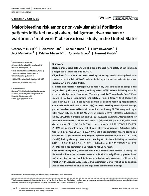 (PDF) Major bleeding risk among non‐valvular atrial fibrillation patients initiated on apixaban ...